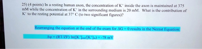 SOLVED: 25) In a resting human axon, the concentration of K+ inside the ...
