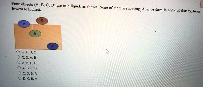 SOLVED: Four objects (A, B, C, D) are in a liquid, as shown from lowest to highest. None of them ...