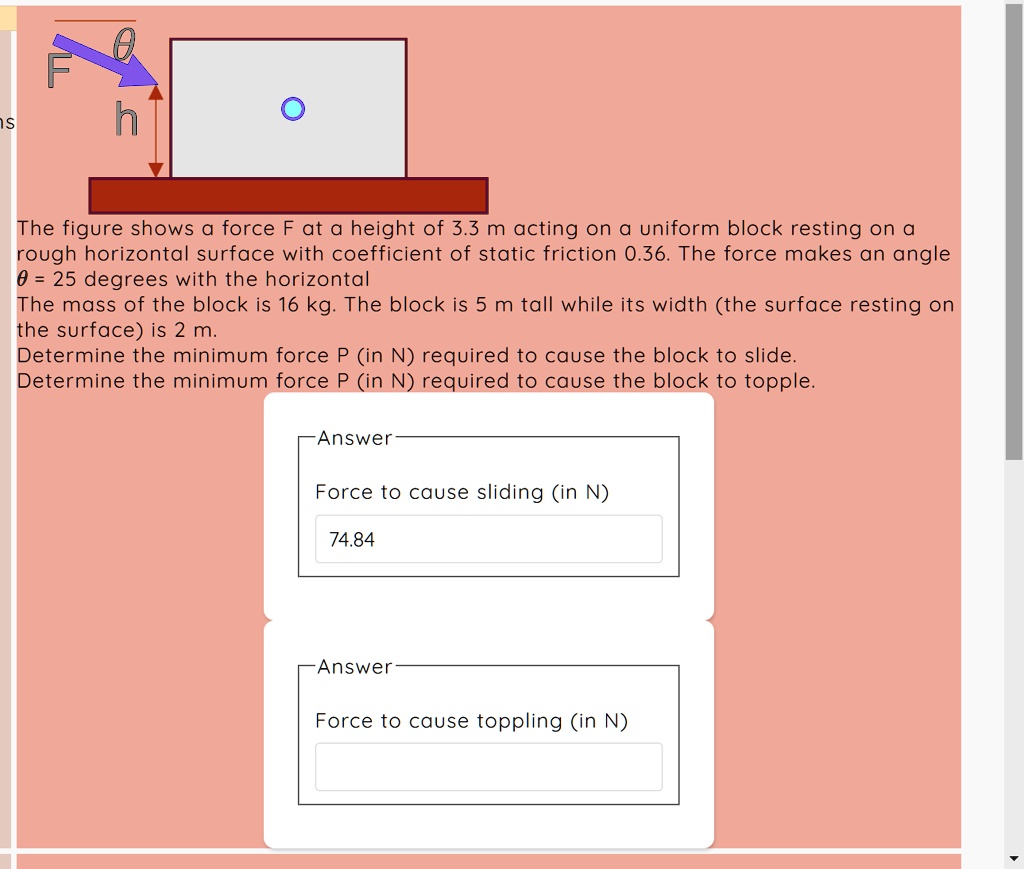 the figure shows a force f at a height of 33m acting on a uniform block resting on a rough ...