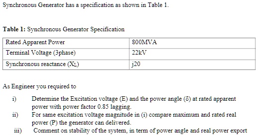 Synchronous Generator has a specification as shown in Table 1. Table 1 ...