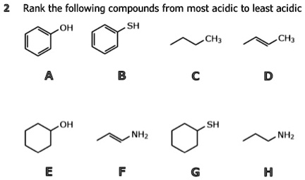 rank the following compounds from most acidic to least acidic oh sh ch ...