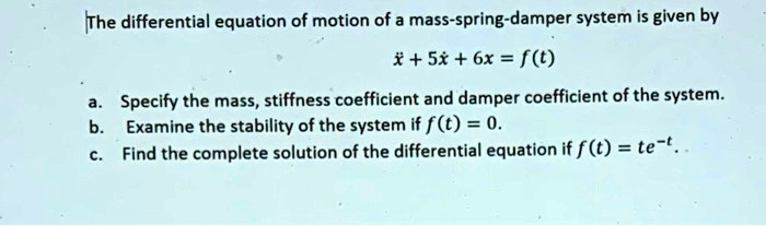 SOLVED: The differential equation of motion of a mass-spring-damper system is given by x” + x ...