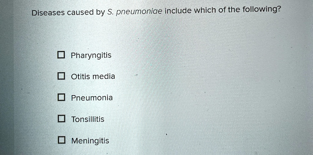 Diseases caused by S. pneumoniae include which of the following ...