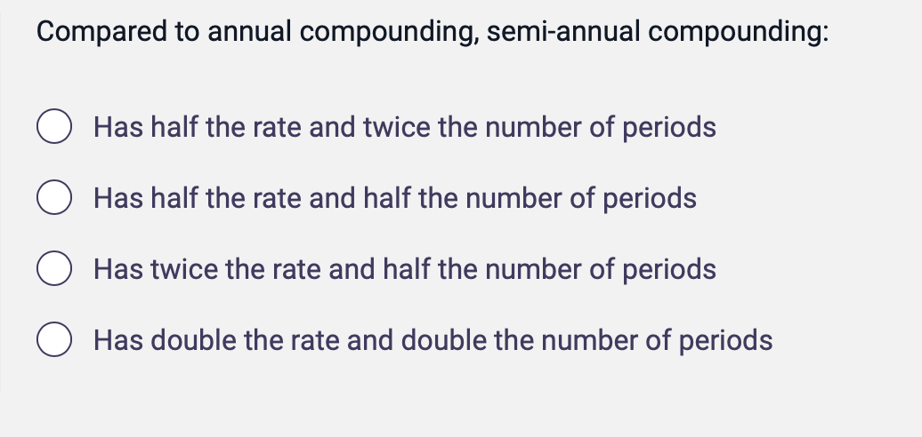 SOLVED: Compared to annual compounding, semi-annual compounding: Has ...
