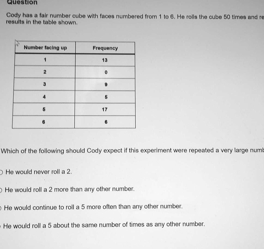 Question Cody has a fair number cube with faces numbered from 1 to 6. He rolls the cube 50 times ...