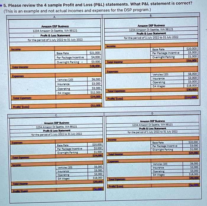 SOLVED: 5. Please review the 4 sample Profit and Loss (P L) statements ...