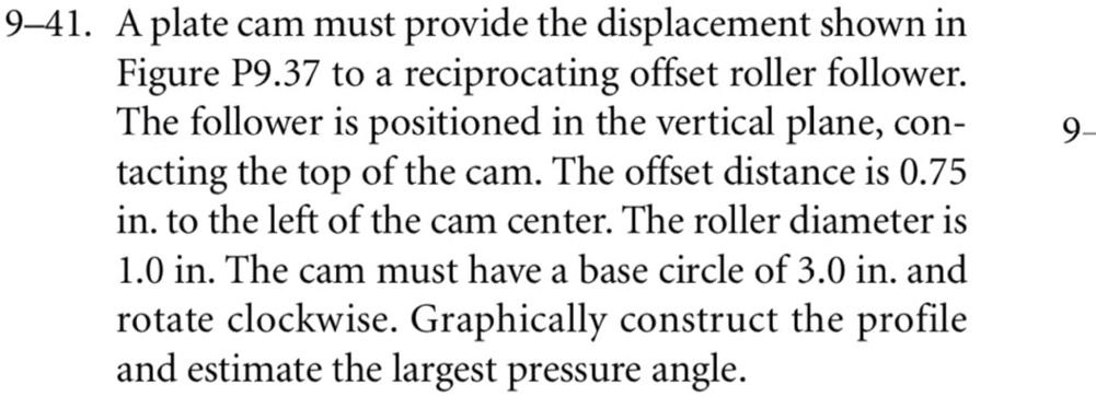 SOLVED: A plate cam must provide the displacement shown in Figure P9.37 to a reciprocating ...