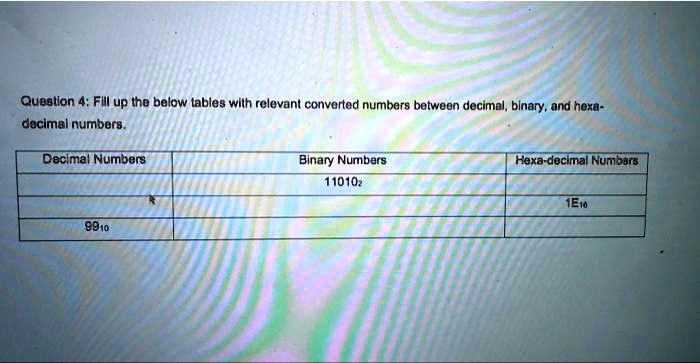 SOLVED: Question 4: Fill up the below tables with relevant converted numbers between decimal ...