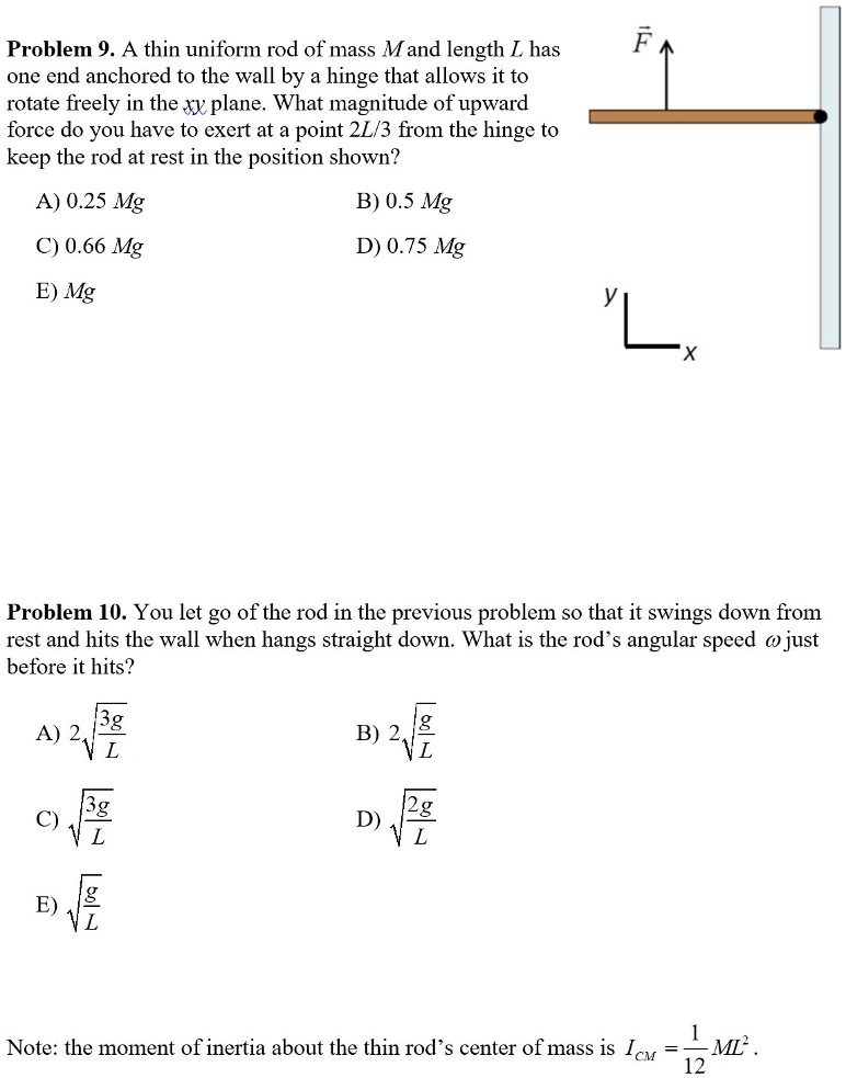 Problem 9. A thin uniform rod of mass M and length L has one end ...