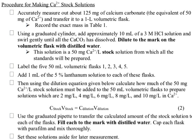 procedure fr making ca stock solutions accurately measure out about 125 ...