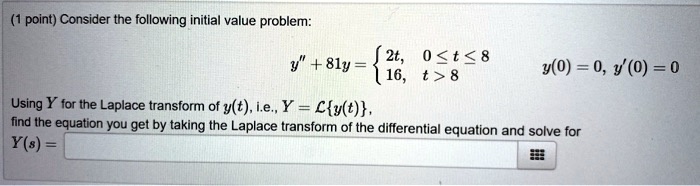 (1 point) Consider the following initial value problem: y” + 81y = 2t, 0 ≤t ≤8 16, t > 8 y(0 ...