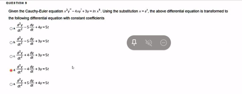 SOLVED: Given the Cauchy-Euler equation x^2v" + 4xv' + 3y = In x^5 ...