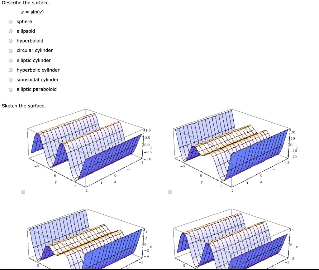SOLVED:Describe the surface_ 2 = sin(y) sphere ellipsoid hyperboloid ...