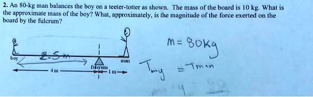 SOLVED: A 50-kg man balances the boy on a seesaw as shown. The mass of ...