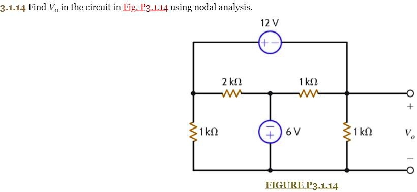 [GET ANSWER] 3.1.14 Find Vo in the circuit in Fig. P3.1.14 using nodal analysis.