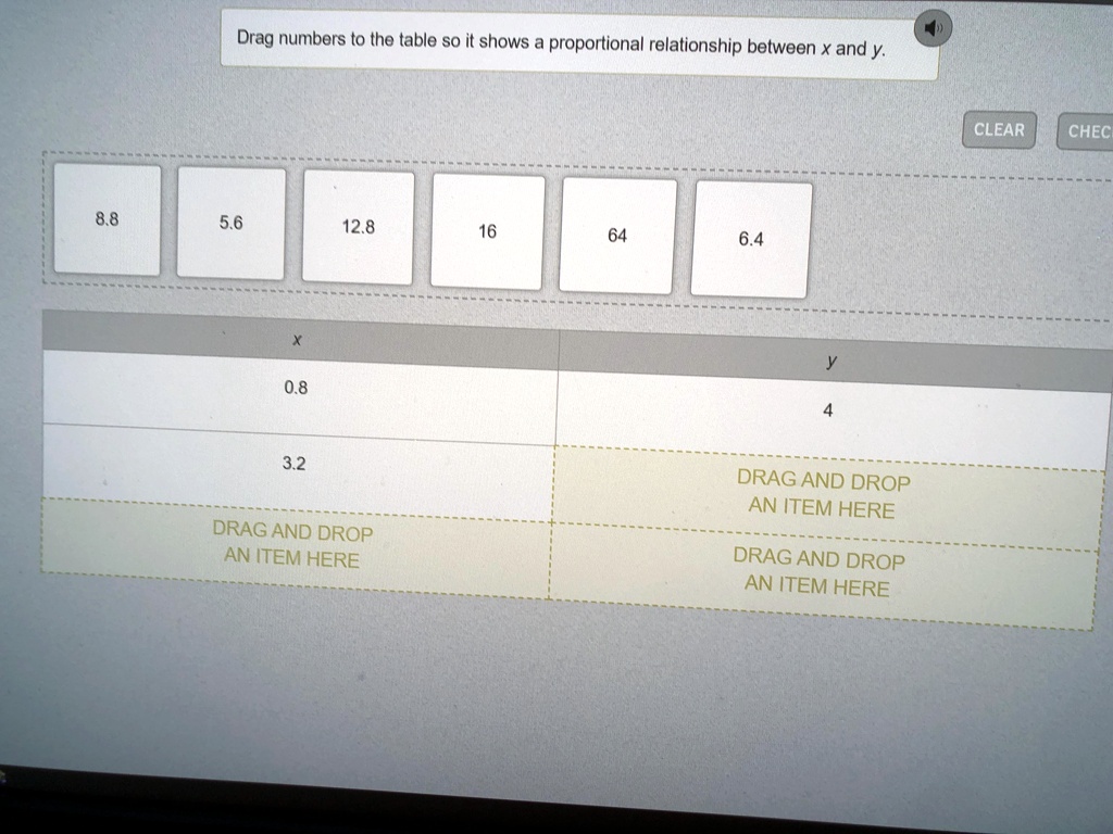 SOLVED: "Does anyone know how to do this? Drag ' numbers t0 (he table so it shows a proportional ...