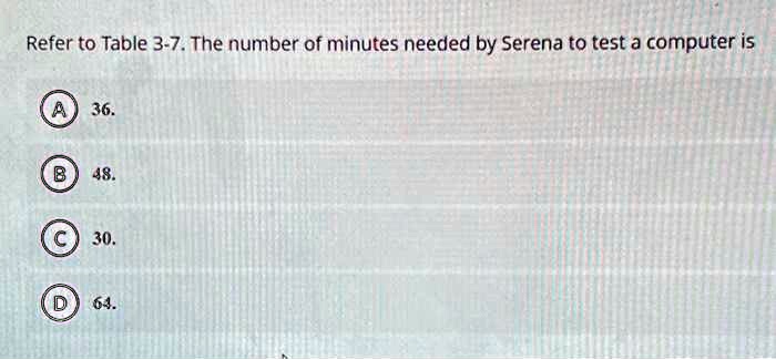 Refer to Table 3-7. The number of minutes needed by Serena to test a ...