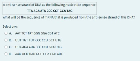 SOLVED: A anti-sense strand of DNA as the following nucleotide sequence: TTA AGA ATA CCC CCT GCA ...