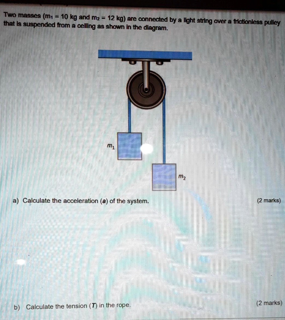 SOLVED: Two masses m=10 kg and m=12 kg are connected by a light string over a frictionless ...