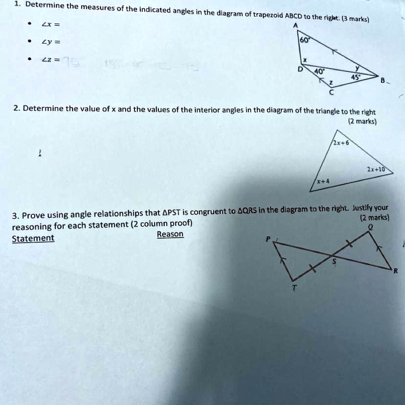SOLVED: 'Can someone please help me answer these questions!? Determine the measures of the ...