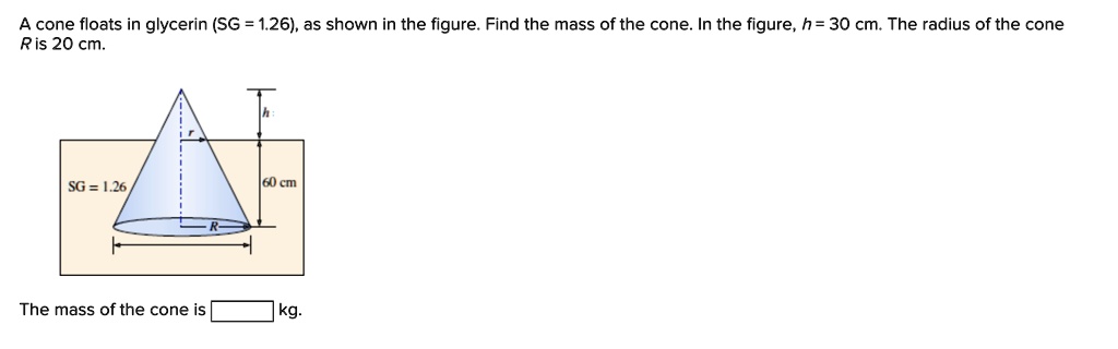 SOLVED: A cone floats in glycerin (SG=1.26), as shown in the figure. Find the mass of the cone ...