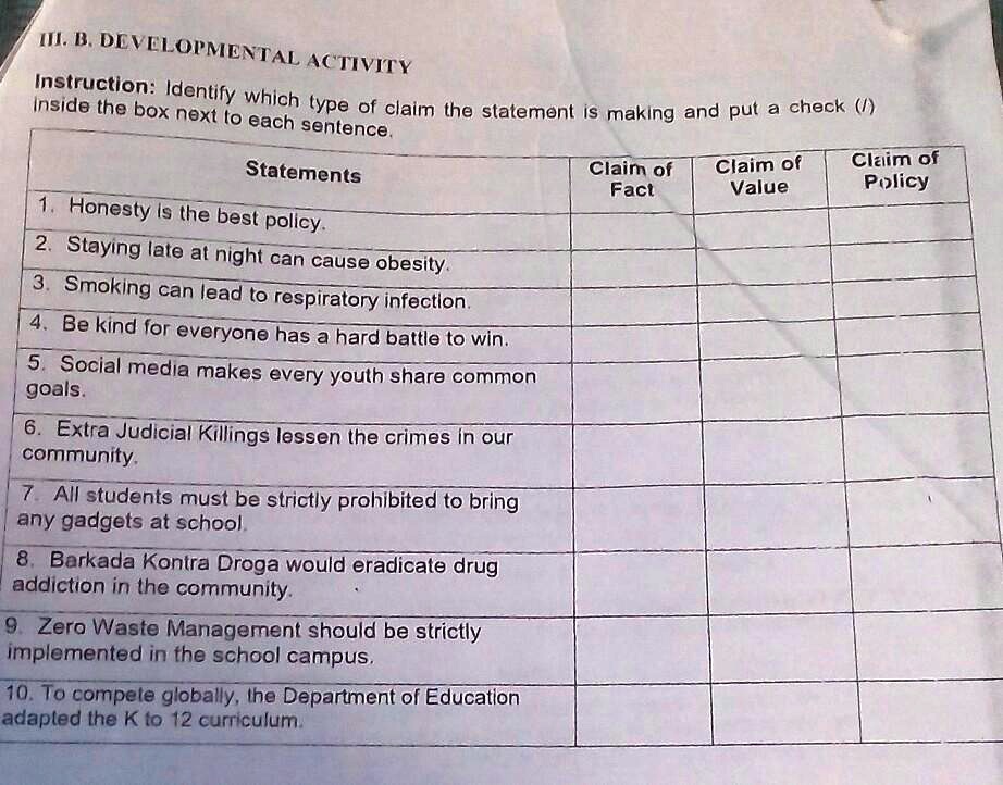 identify which type of claim the statement is making and put a check inside the box next to each ...