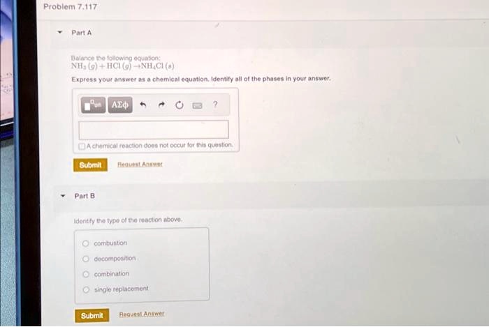 Solved Texts Problem 7 117 Part A Balance The Following Equation Nh3 G Hcl G → Nh4cl S