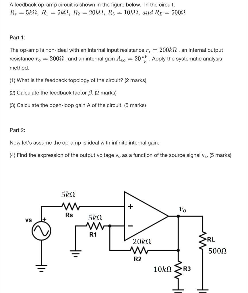 SOLVED: A feedback op-amp circuit is shown in the figure below. In the circuit, Rs = 5kÎ©, R1 ...