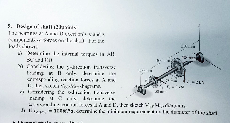SOLVED: 5. Design of Shaft (20 points) The bearings at A and D exert ...