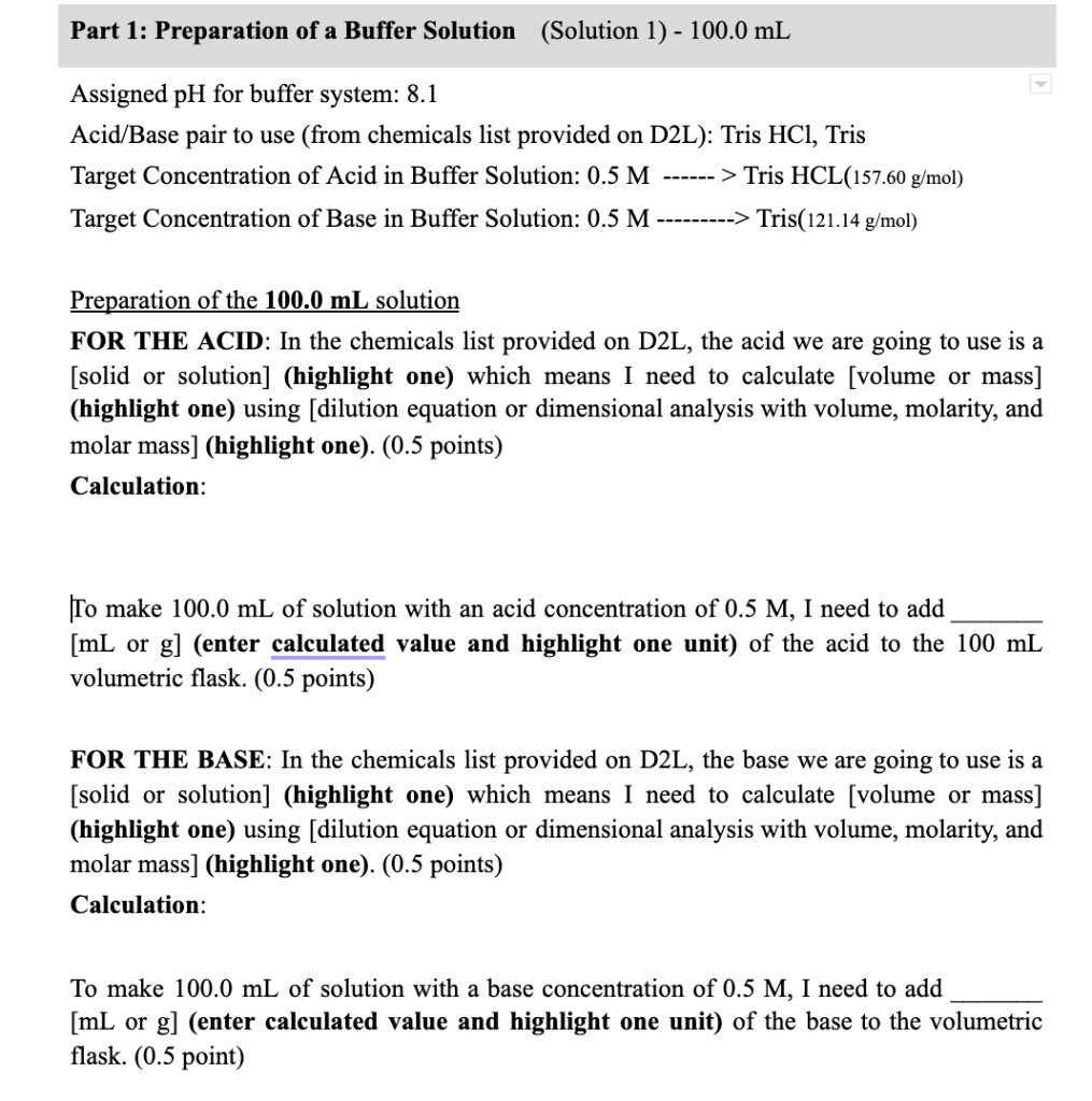 SOLVED: Part I: Preparation of a Buffer Solution (Solution 1) 100.0 mL Assigned pH for buffer ...