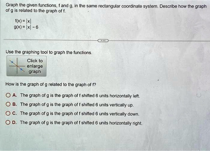 SOLVED: Graph the given functions, f and g, in the same rectangular coordinate system. Describe ...