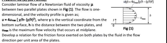 u(y)=4Umax[y/h-(y/h)^2] Consider laminar flow of a Newtonian fluid of ...