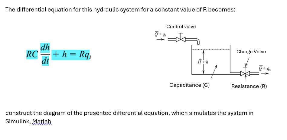 diagram in simulink the differential equation for this hydraulic system for a constant value of ...