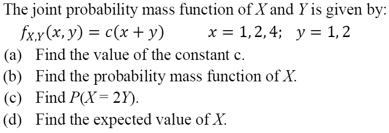 SOLVED: The joint probability mass function of Xand Yis given by: fxlx ...