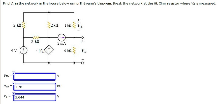 SOLVED: Find V, in the network in the figure below using Thevenin's theorem. Break the network ...