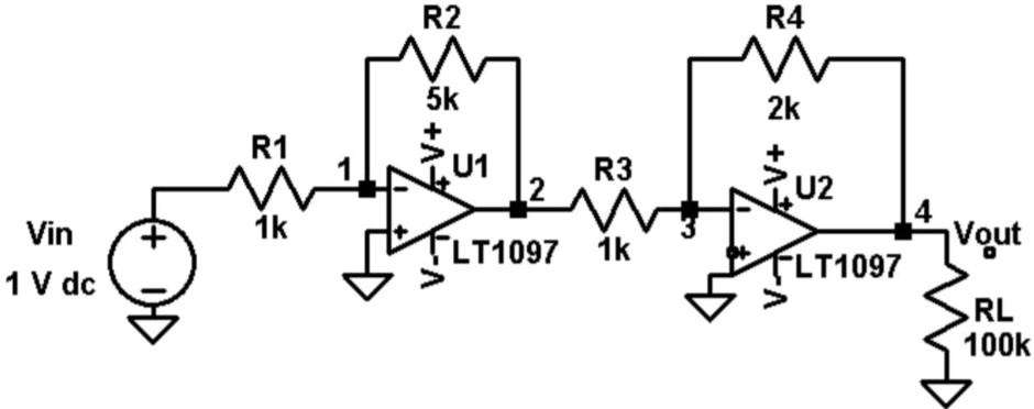 R1 Vin +1k 1 V dc 1 R2 5k + + U1 R3 2 3 TLT1097 1k > R4 2k + > U2 ++ 4 Vout LT1097 > RL 100k