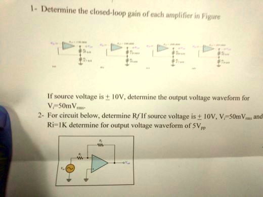 SOLVED: Determine the closed-loop gain of each amplifier in Figure. If the source voltage is 10V ...