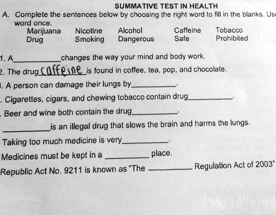 SOLVED: SUMMATIVE TEST IN HEALTH A. Complete the sentences below by ...
