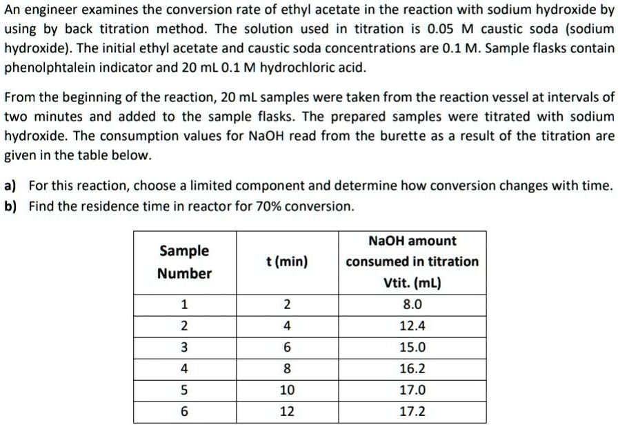 SOLVED: An engineer examines the conversion rate of ethyl acetate in the reaction with sodium ...