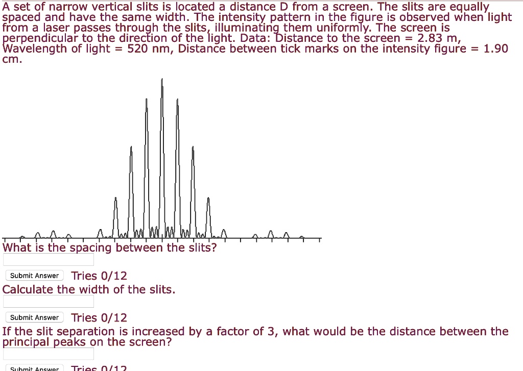 A set of narrow vertical slits is located a distance D from a screen ...