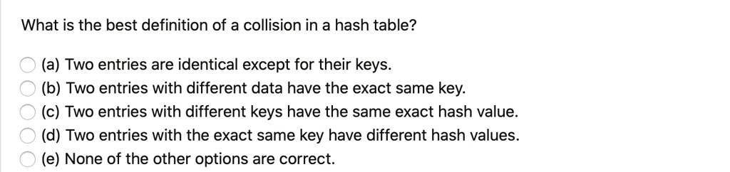 Solved What Is The Best Definition Of A Collision In A Hash Table A Two Entries Are