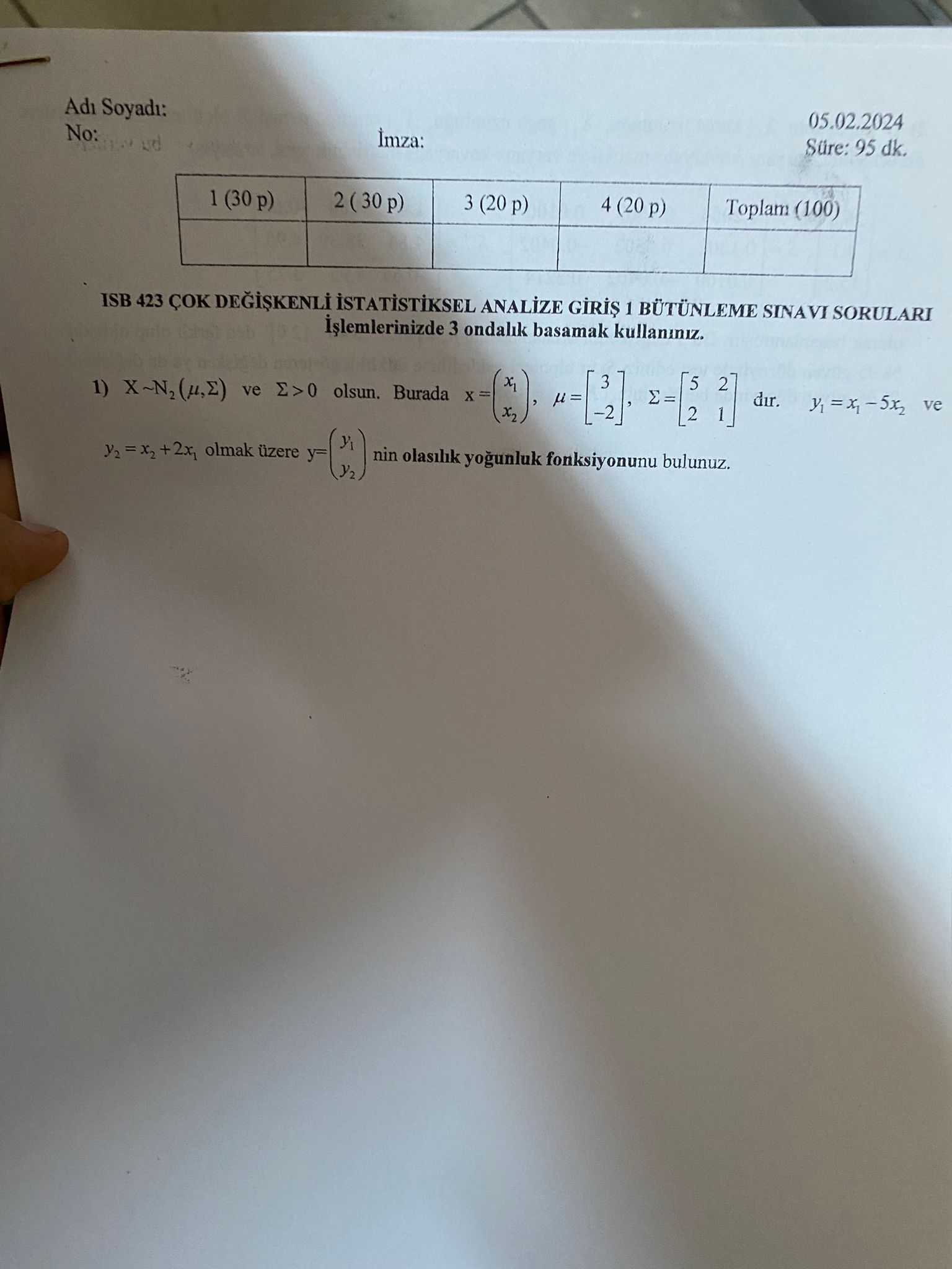 SOLVED: Ad? Soyad?: No: Imza: 05.02 .2024 Süre: 95 dk. 1(30 p) 2(30 p) 3(20 p) 4(20 p) Toplam ...