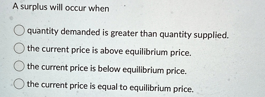 A surplus will occur when quantity demanded is greater than quantity ...