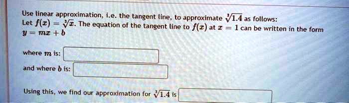 SOLVED: Use linear approximation, i.e. the tangent line, to approximate ViA as follows: Let f(r ...