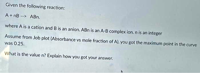 SOLVED: Given the following reaction: A + nB ABn. where A is a cation ...