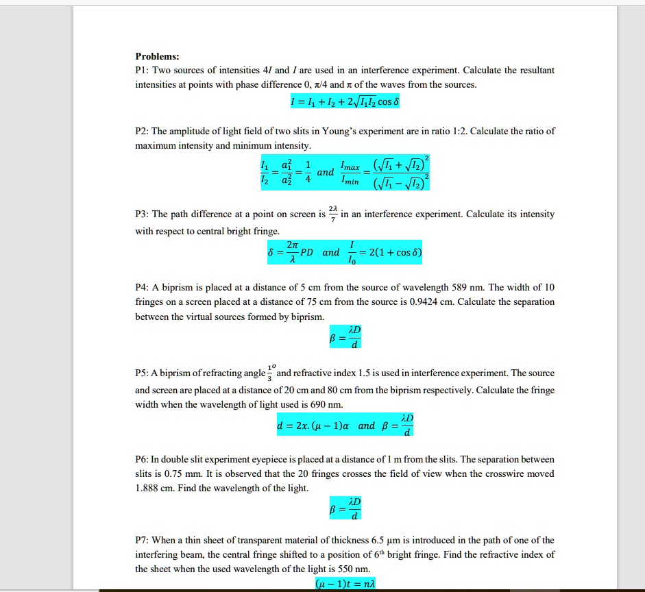 SOLVED: Problems: P1: Two sources of intensities 4 and I are used in an ...