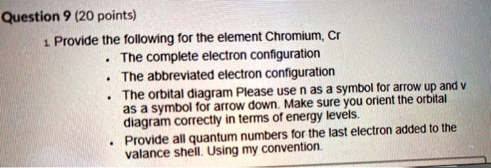 Question 9 (20 points) 1 Provide the following for the element Chromium ...