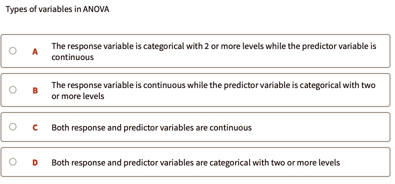 types of variables in anova the response variable is categorical with 2 ...