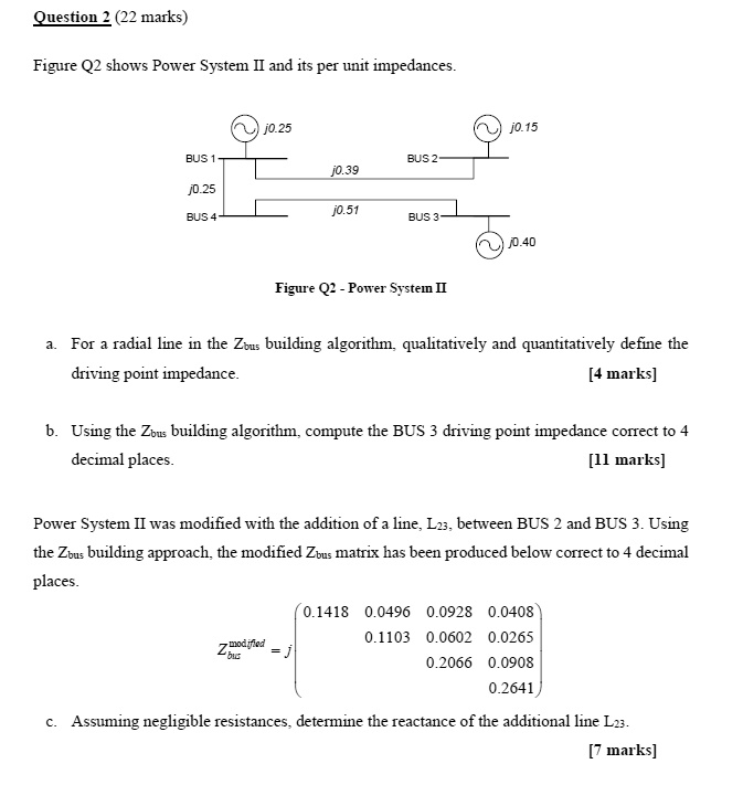 SOLVED: Figure Q2 shows Power System II and its per unit impedances. BUS 1: 0.15 BUS 2: 0.25 BUS ...
