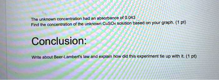 SOLVED: The unknown concentration had a absorbance of 0.043 Find the ...
